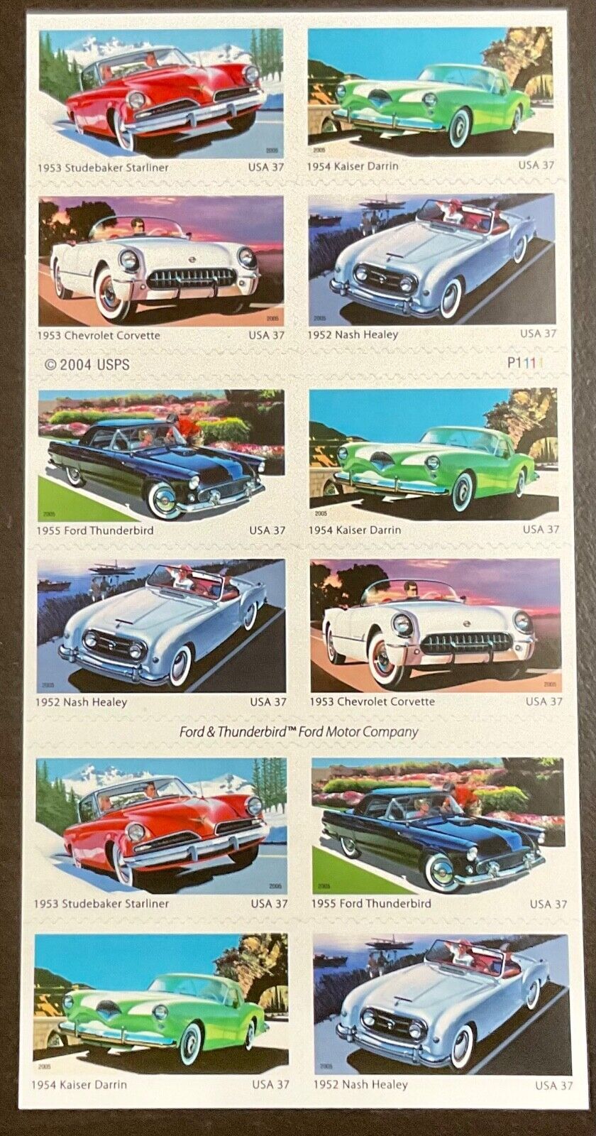 3935b Sporty Cars of the '50s Mint 37 c Pane of 20 FV $7.40 2005 ...