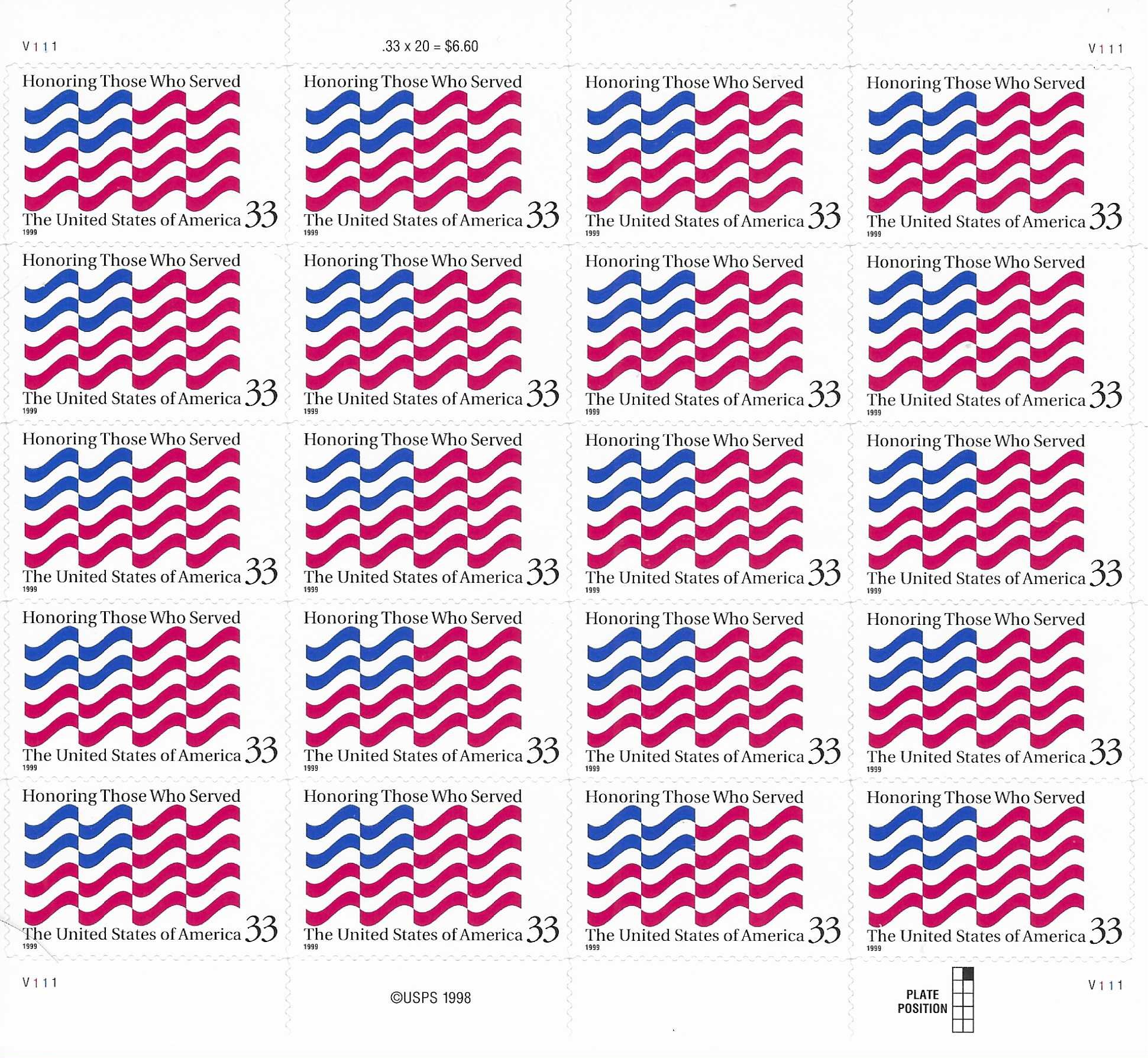 US# 3331 $.33 "Honoring those Who Served" Pane of 20 (MNH) CV $13.00 ...