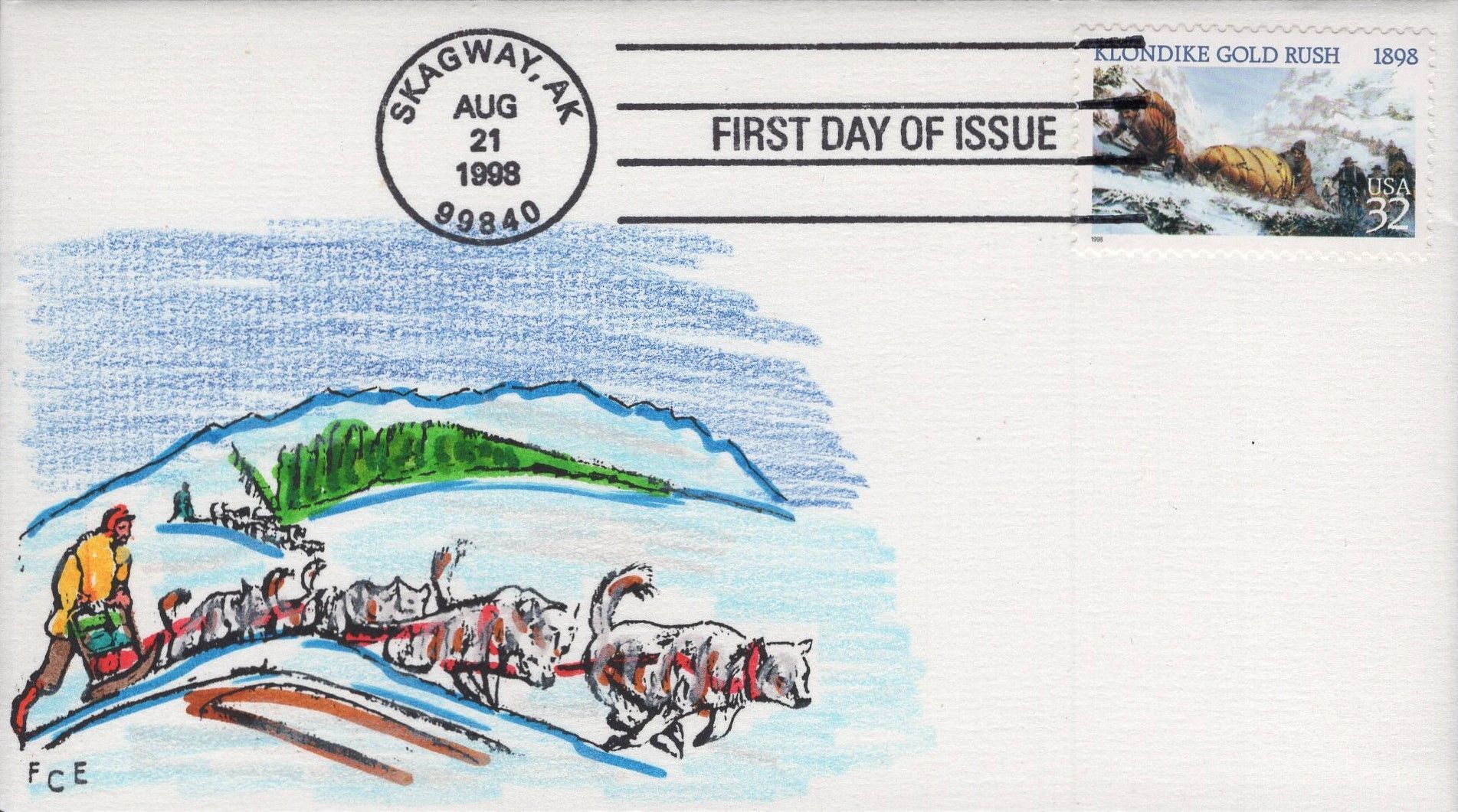 Frank Ellis Hand Painted FDC for the 1998 32c Klondike Gold Rush Stamp ...