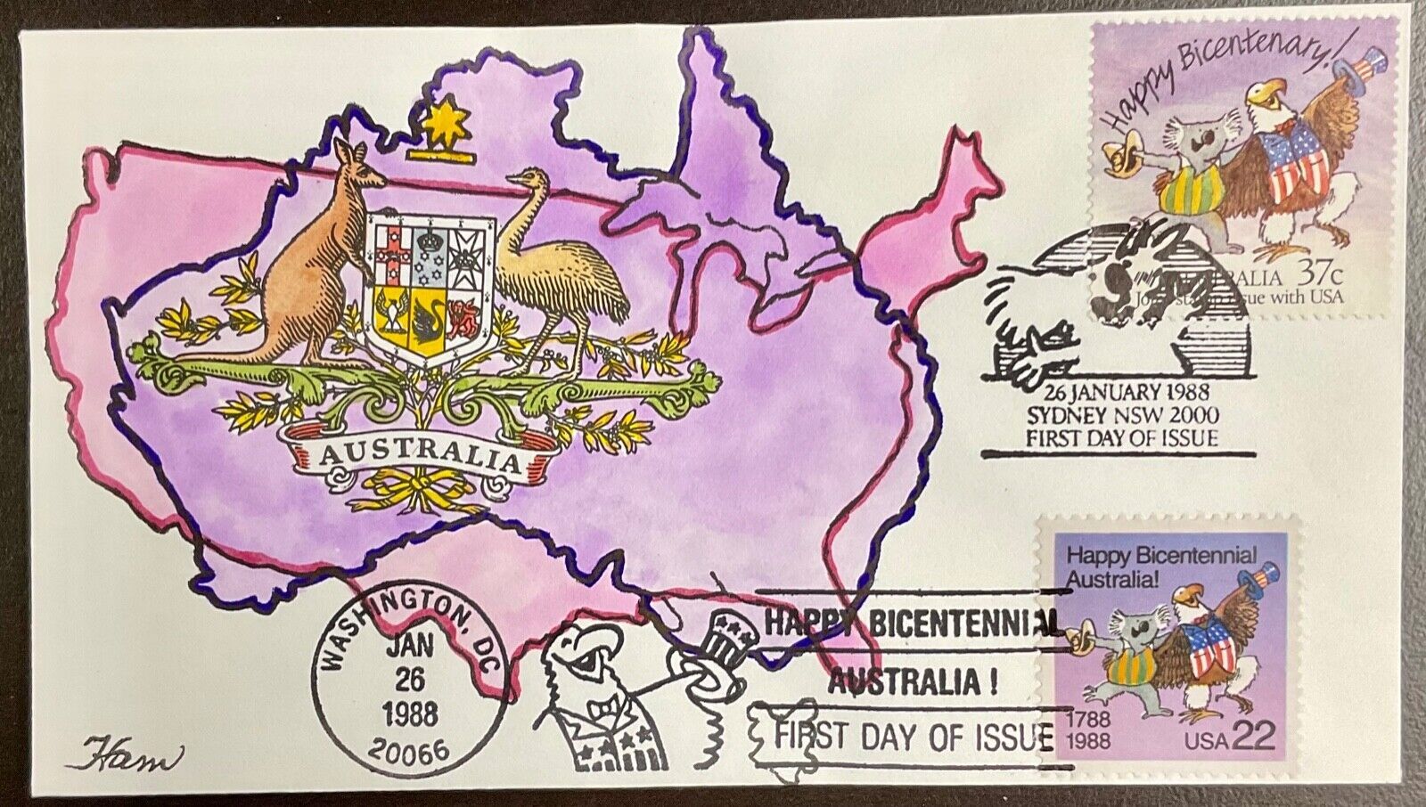 2370 Ham Hand painted cachet Australia Bicentennial FDC #201 of 250 ...