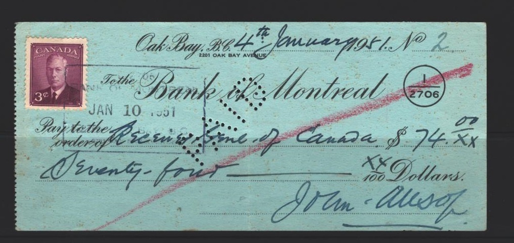 Canada Sc#286 Used as Revenue on 1951 Bank Cheque / Check | Canada ...