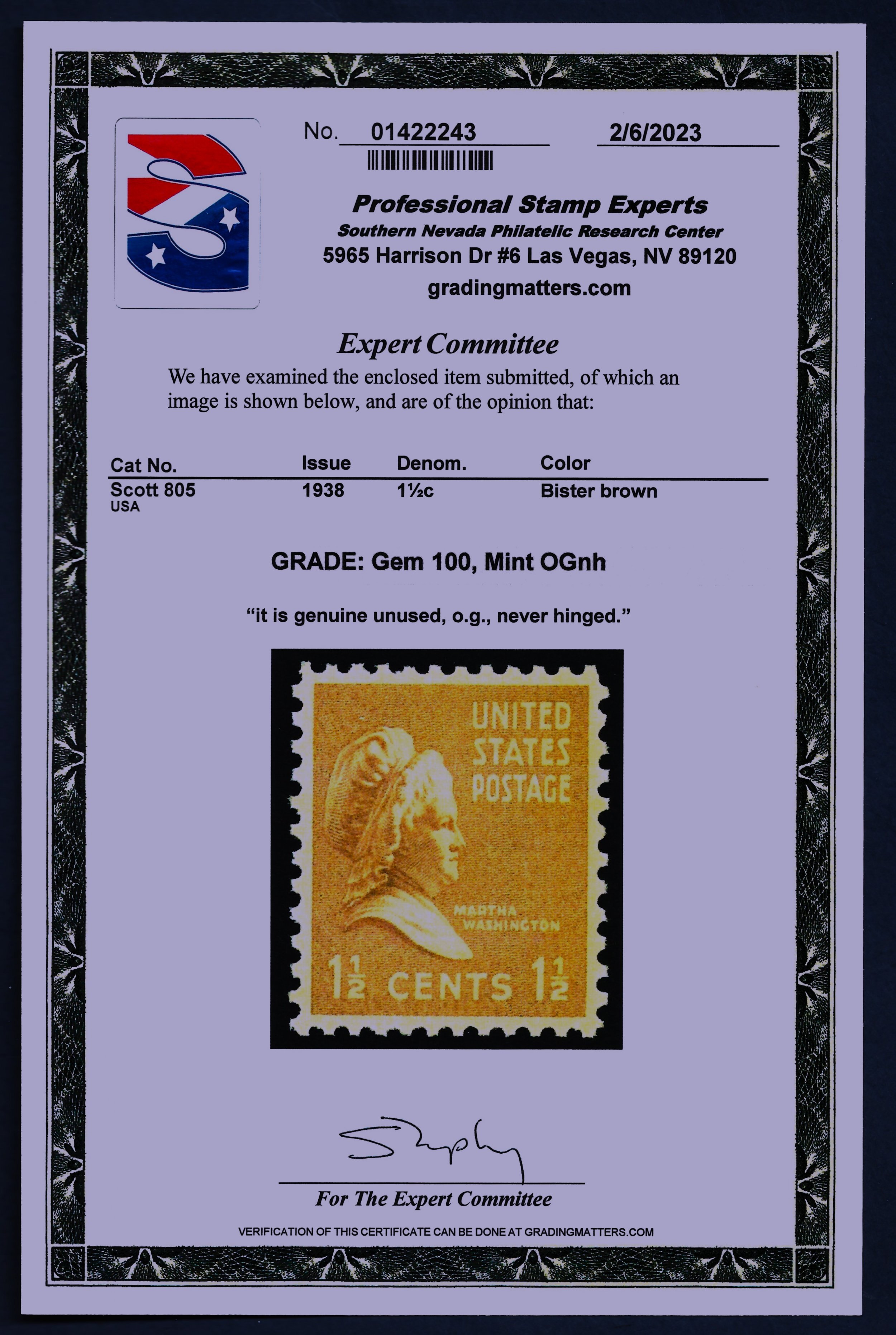 805 GEM 100 MINT OGnh grade | United States, General Issue Stamp / HipStamp