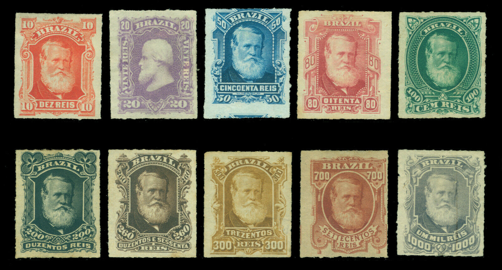 BRAZIL 1878/79 Dom Pedro complete set 10r-1000r rouletted Scott 68-77 ...