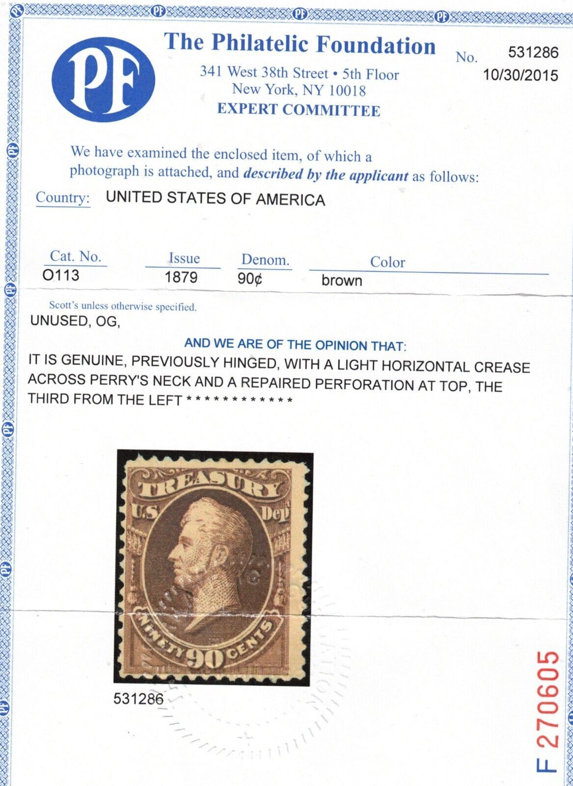 USA #O113 Mint Fine Original Gum Lightly Hinged With Repaired ...