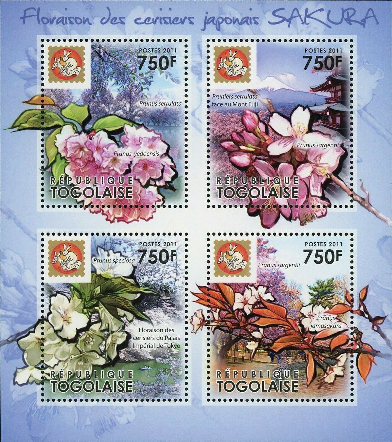 Japanese Cherry Trees Stamp Mount Fuji Prunus Subhirtella Autumnalis S ...