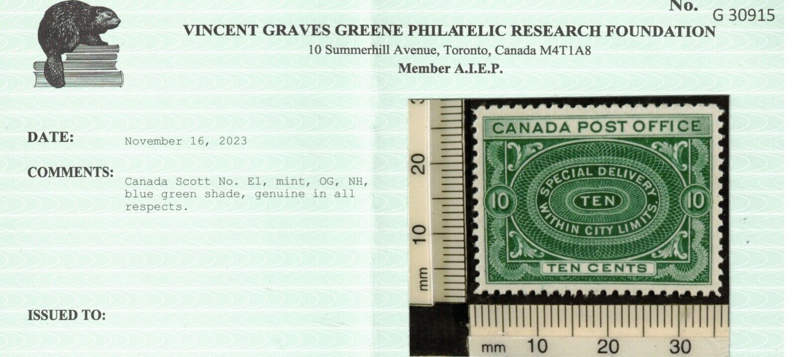 Canada #E1 Extra Fine Never Hinged **With Certificate** | Canada ...