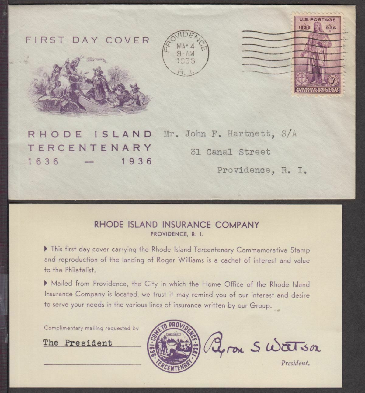 1936 RHODE ISLAND 300 years Sc 777-34 1st RI Insurance cachet ...