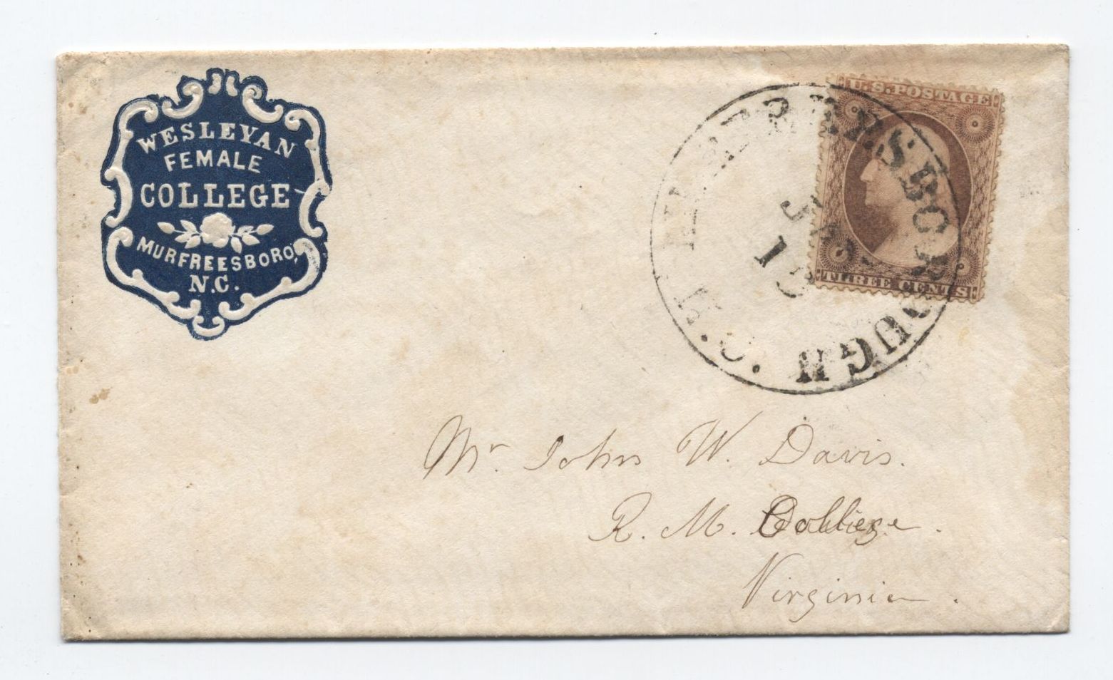 c1860 #26 3ct 1857 cover Wesleyan Female College Murfreesboro NC [3965 ...