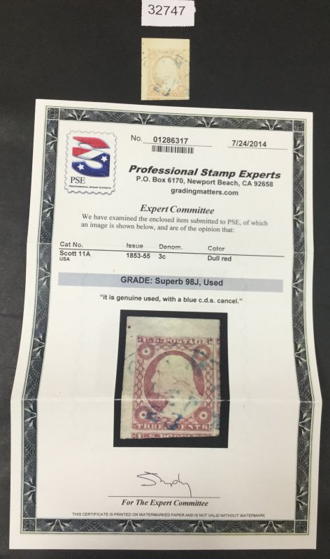 US Stamps #11A Color Faded Used **Pse Cert Graded Superb 98j** LOT ...