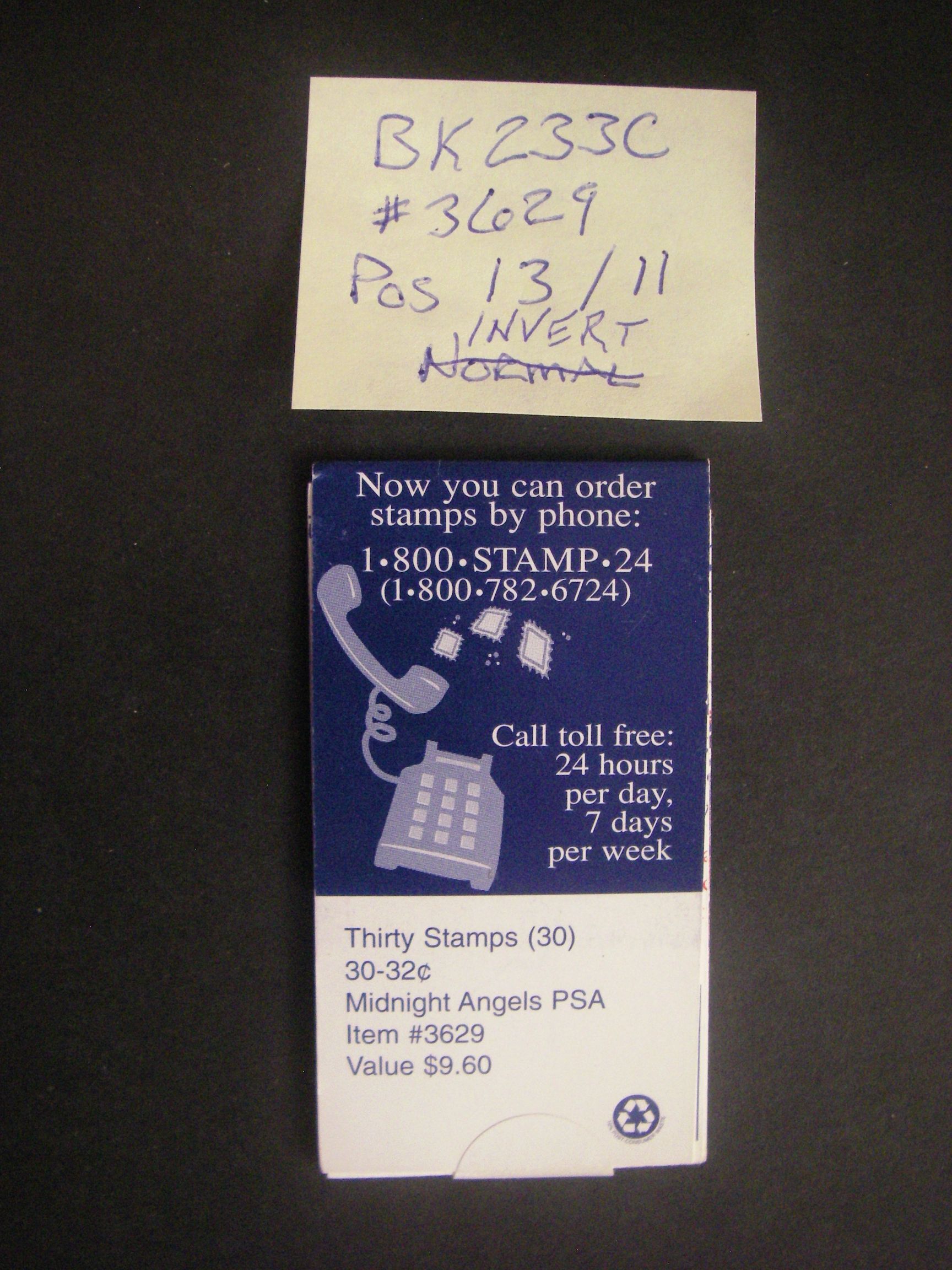 BK233C, Scott 3012c, 32c Angel, MDI Booklet 30, Pos 13/11, #3629 ...