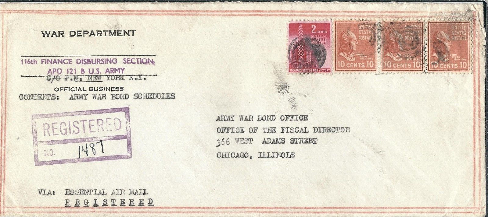 APO121 to Army War Bond Office, Chicago, IL 1945 Registered Airmail ...