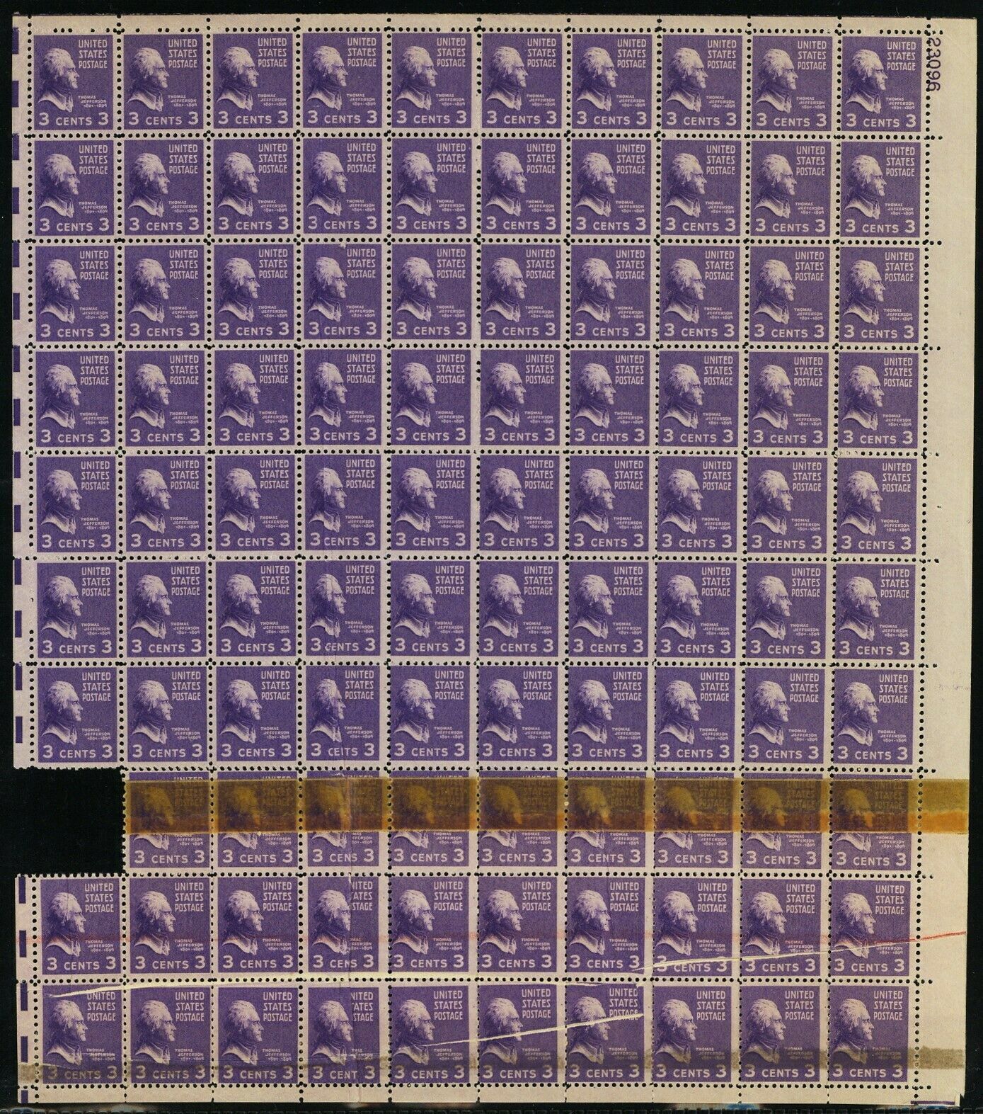 807, Mint 3¢ Paper Fold Freak Error And Tape Splice Block - Stuart Katz ...