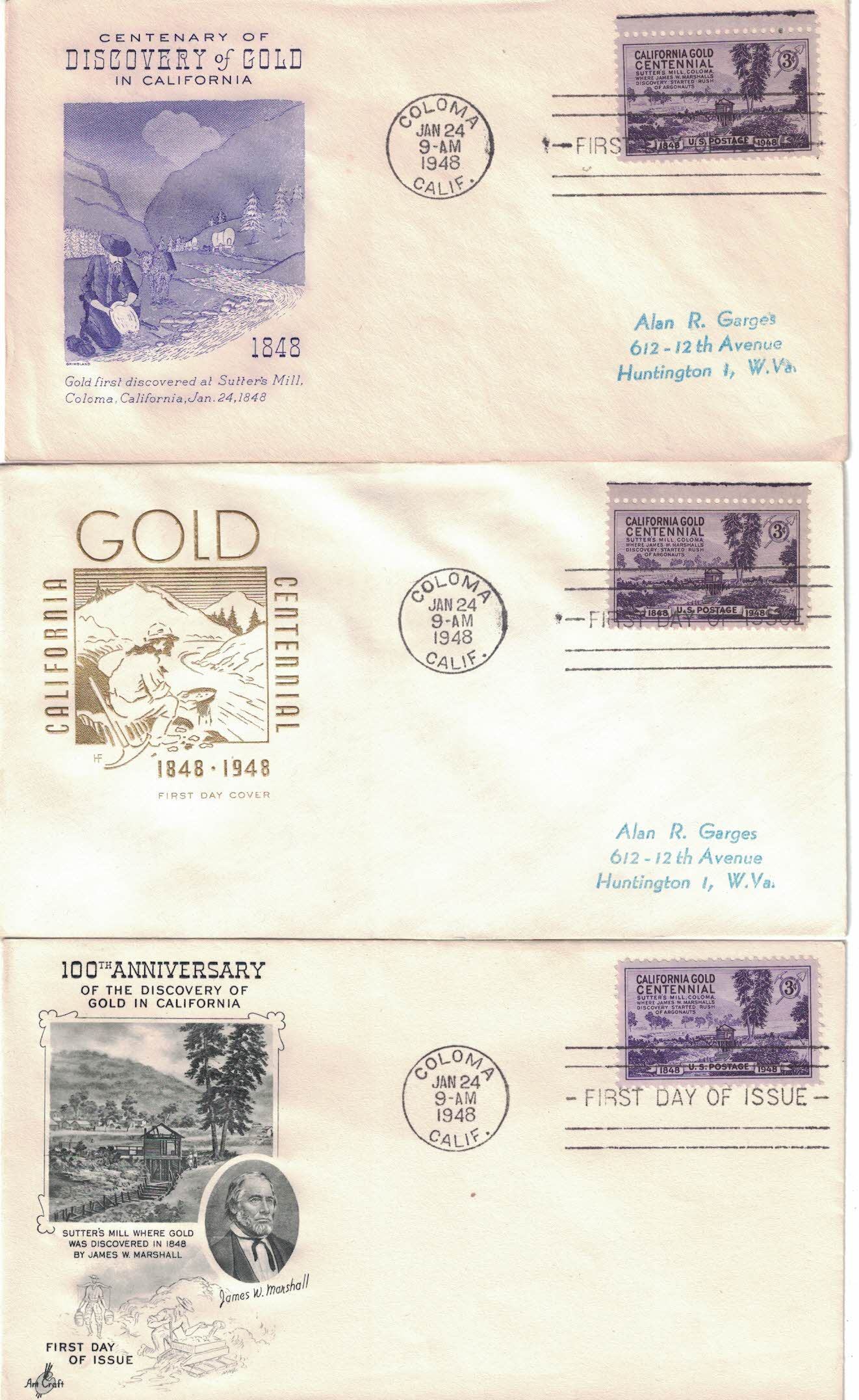 1948 FDC, #954, 3c California Gold Centennial, 3 different cachets ...