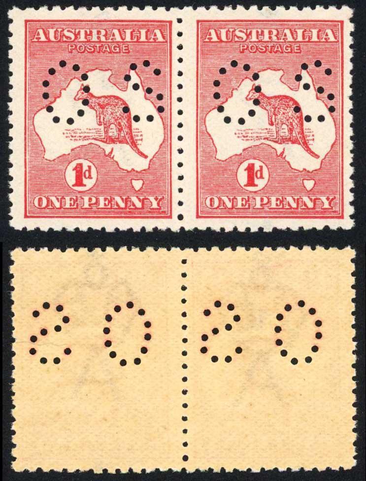 Australia SGO2d 1d Die 2 Perfin OS 1st Wmk Left stamp trace of a hinge ...
