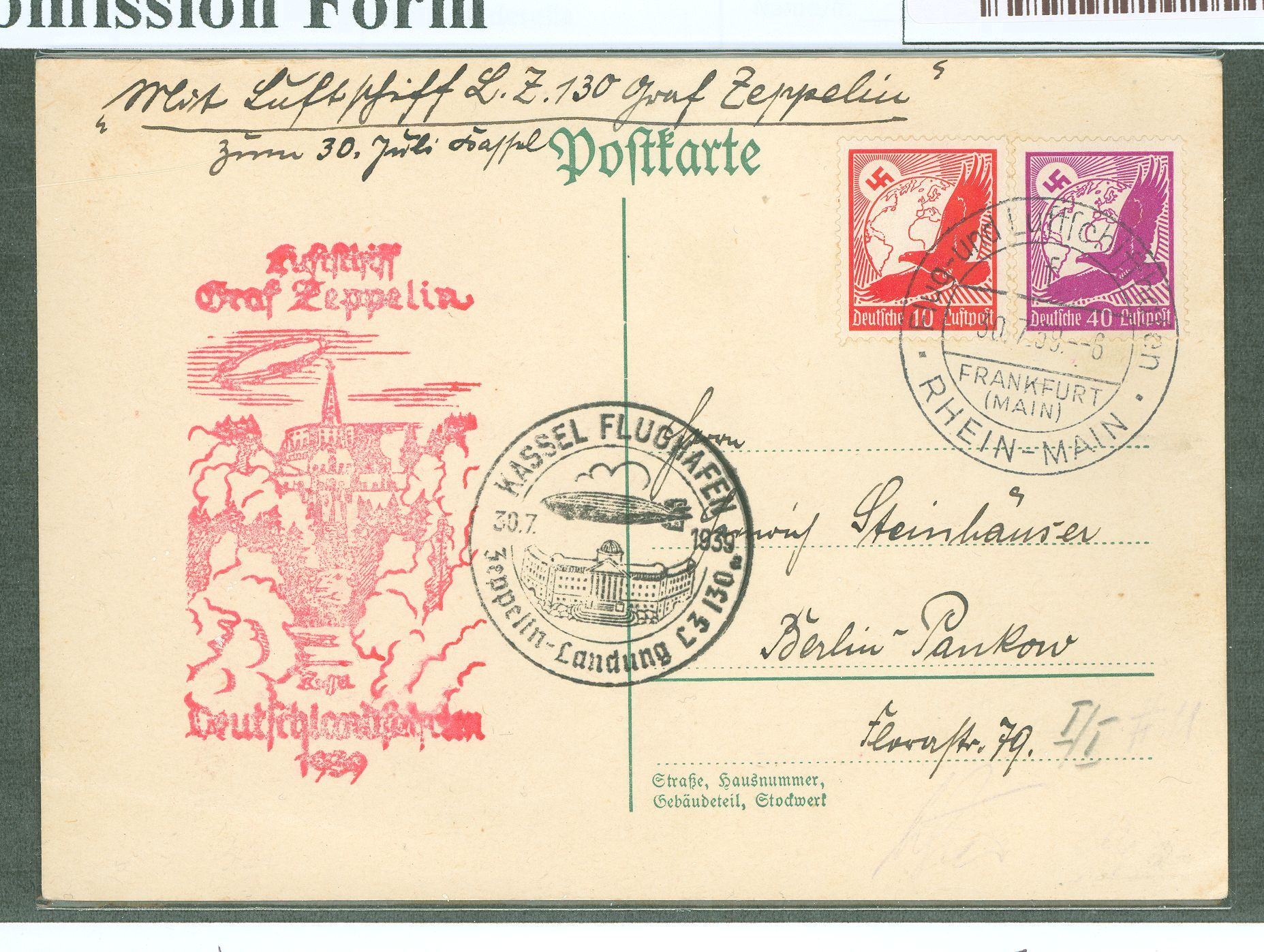 Germany C47/C51 1939 July 30, 1939 card carried on the Graf Zeppelin ...