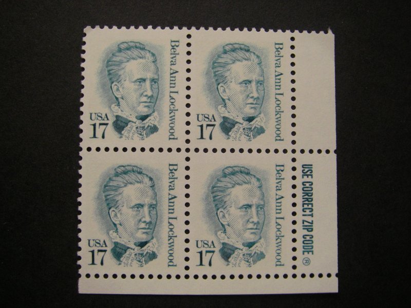 Scott 2178, 17c Belva Ann Lockwood, Zip block of 4 LR, MNH Great ...