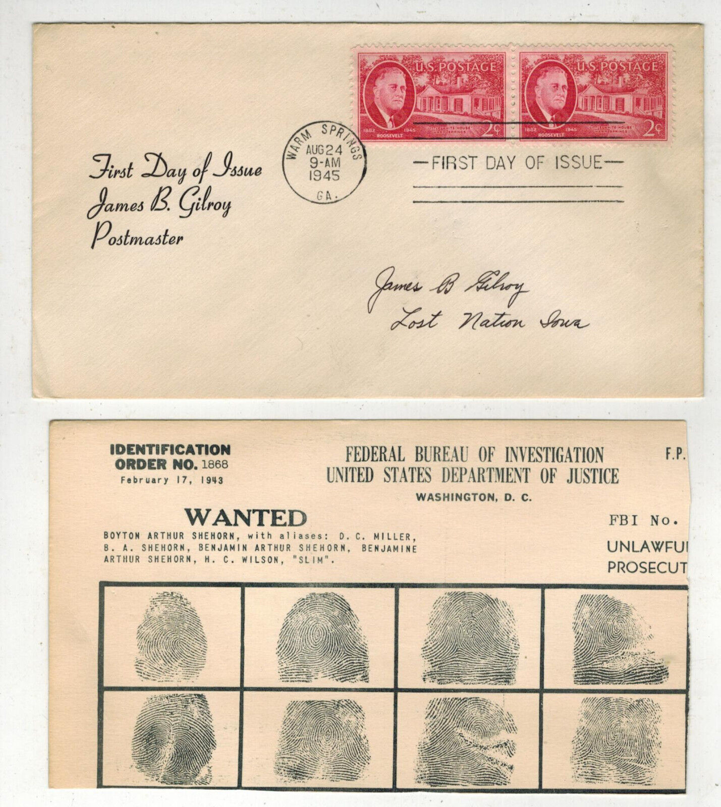 1945 Franklin D Roosevelt 931 Rare Postmaster Gilroy & FBI Most Wanted ...
