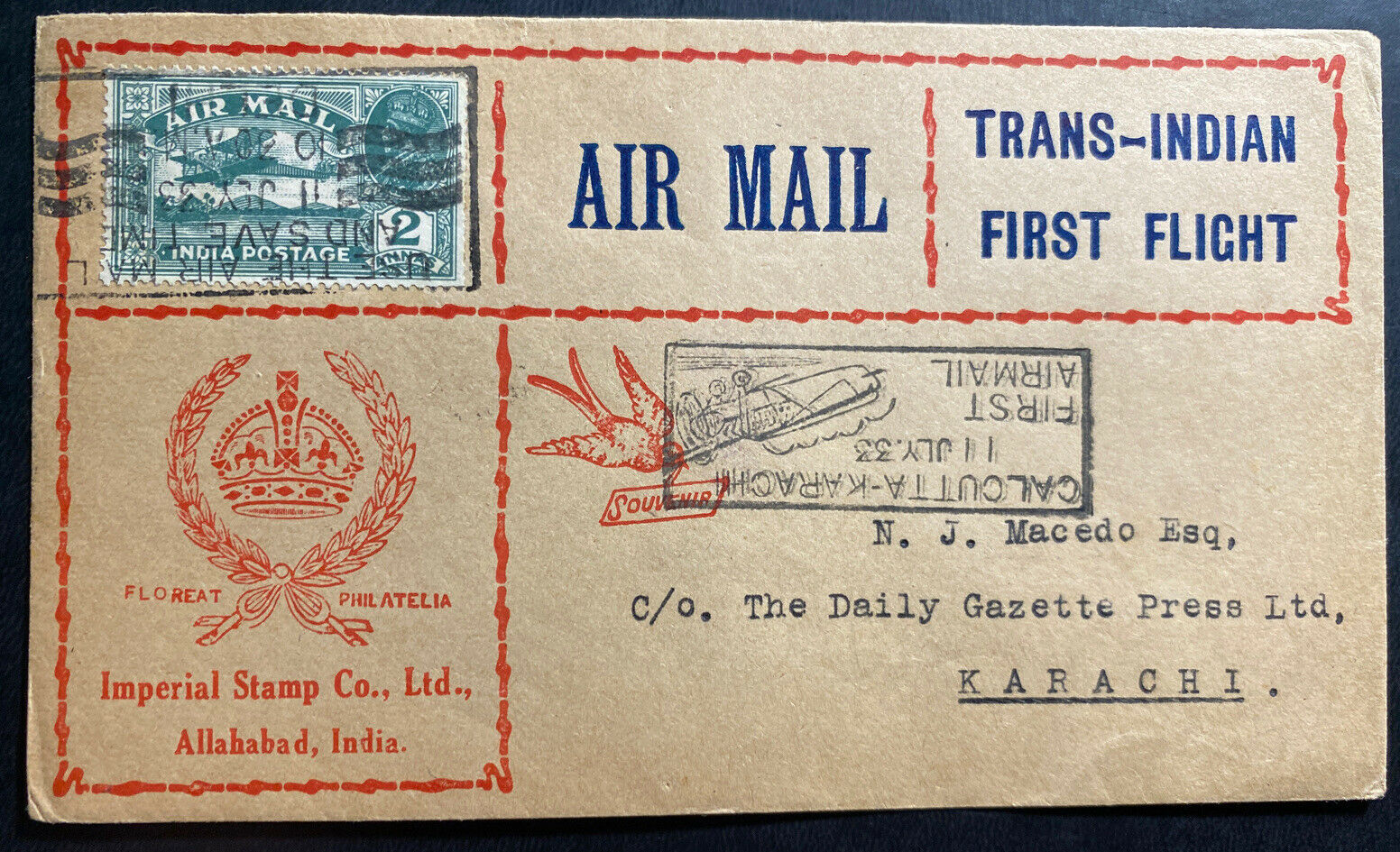 1933 Delhi India First Flight Airmail cover FFC To Karachi Trans Indian ...
