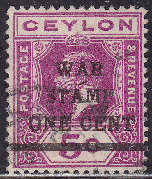 Ceylon MR4 USED 1918 War Stamp 1c on 5c O/P / HipStamp
