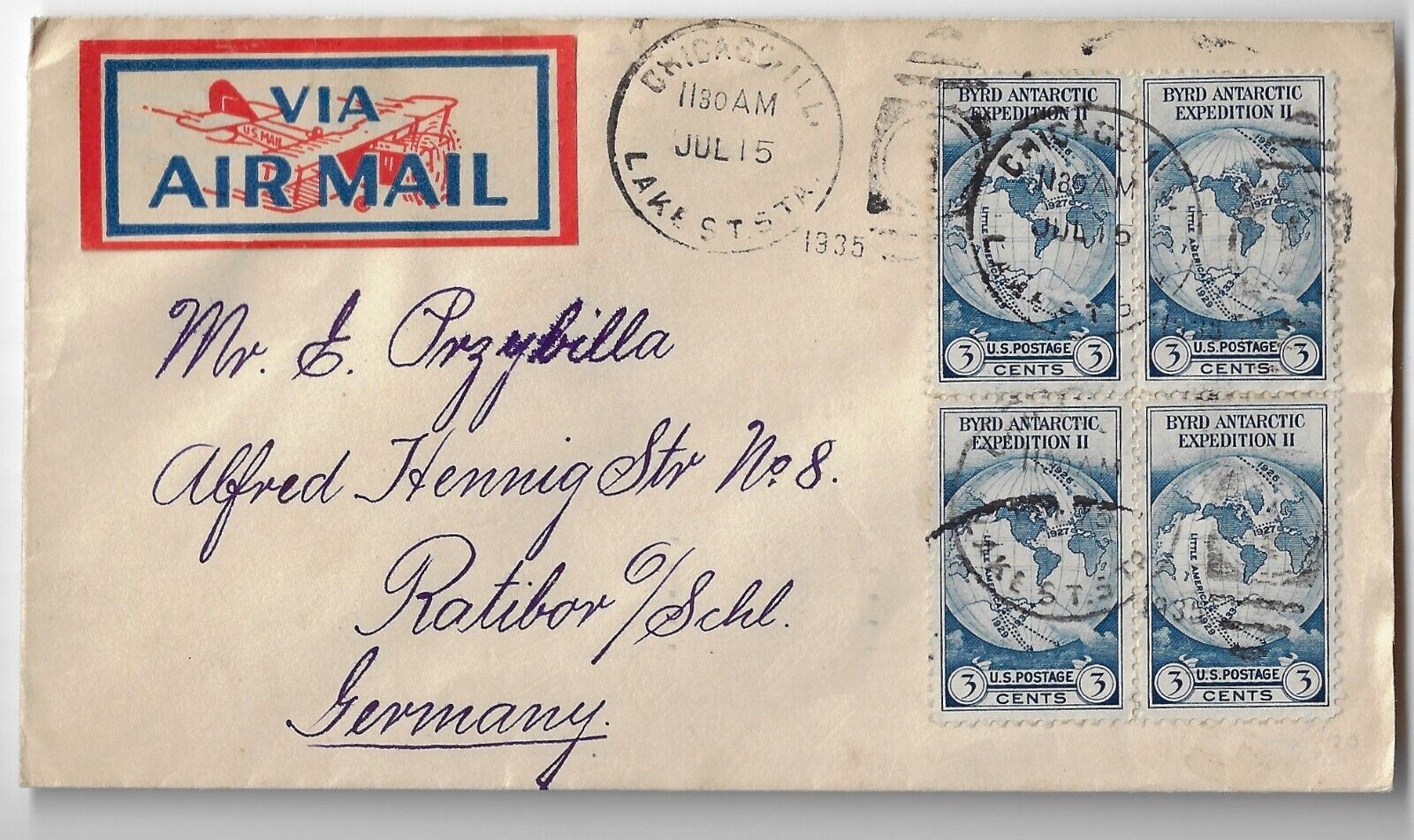 1935 cover w/ Scott# 733 block 4 Chicago to Ratibor Germany now S ...