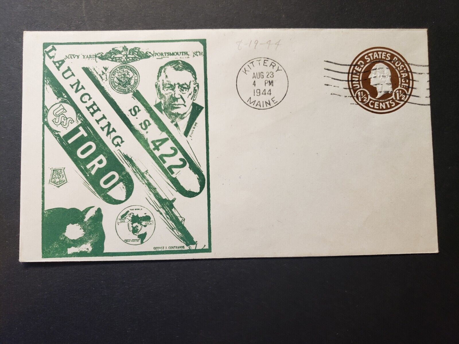 Submarine USS TORO SS-422 Naval Cover 1944 WWII CONTRAROS Launch Cachet ...