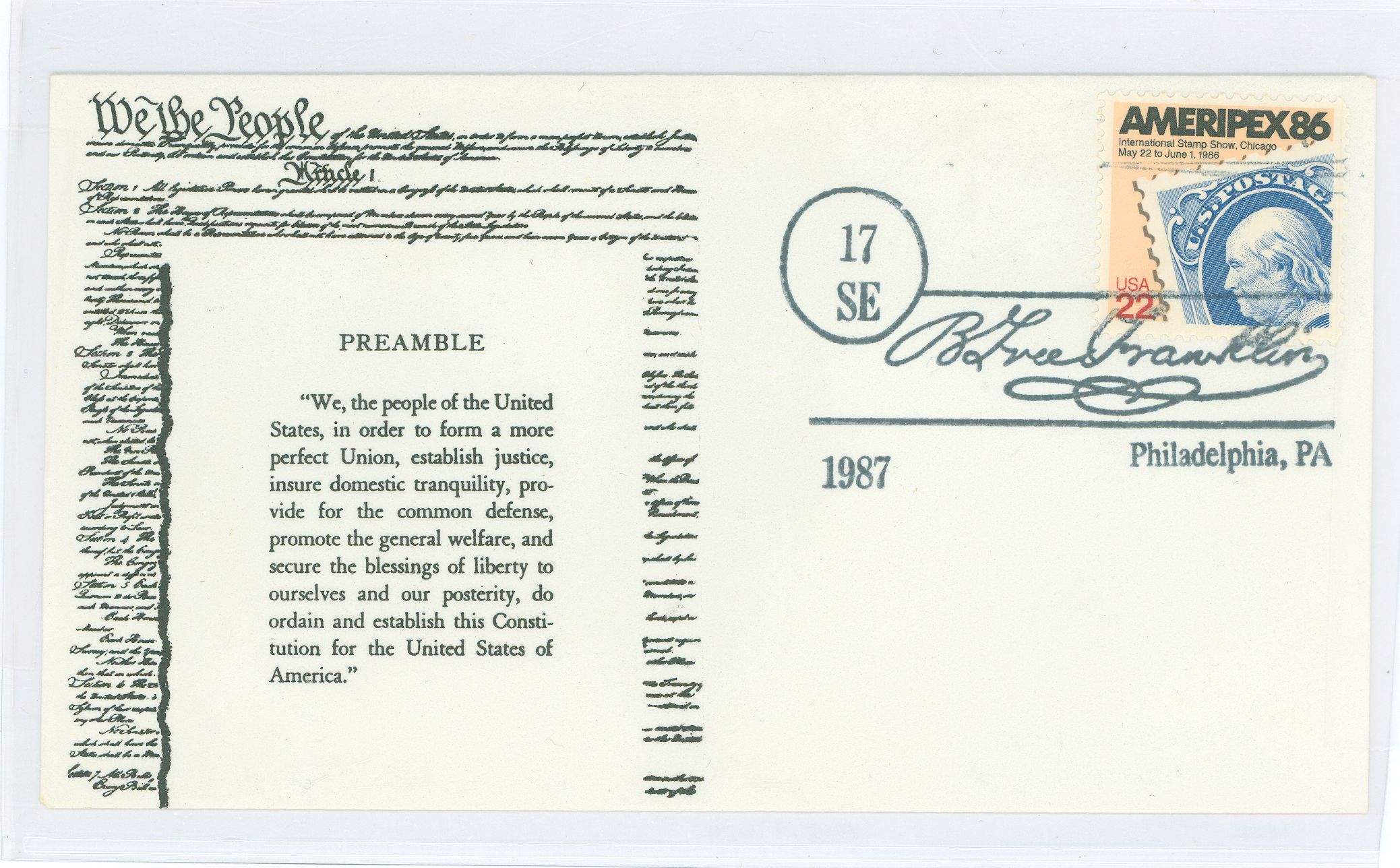 US 2145 1987 Phila Constitution cover carried through Independence Hall ...