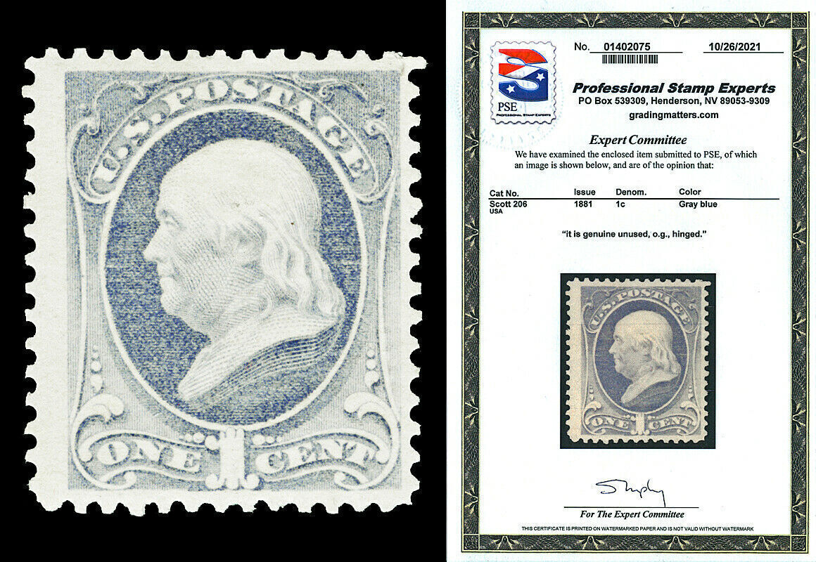 Scott 206 1881 1c Franklin Re-Engraved Issue Mint F-VF OG Cat $70 with ...
