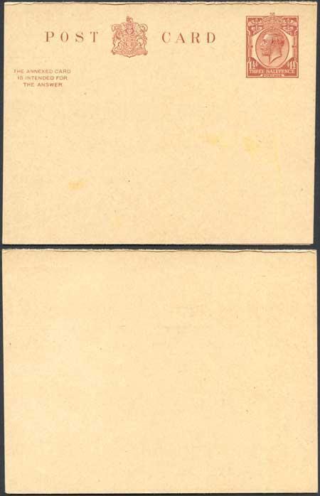 CP79 KGV 1 1/2d + 1 1/2d Brown Inland Reply Card Stamp L15 Format CF13 ...