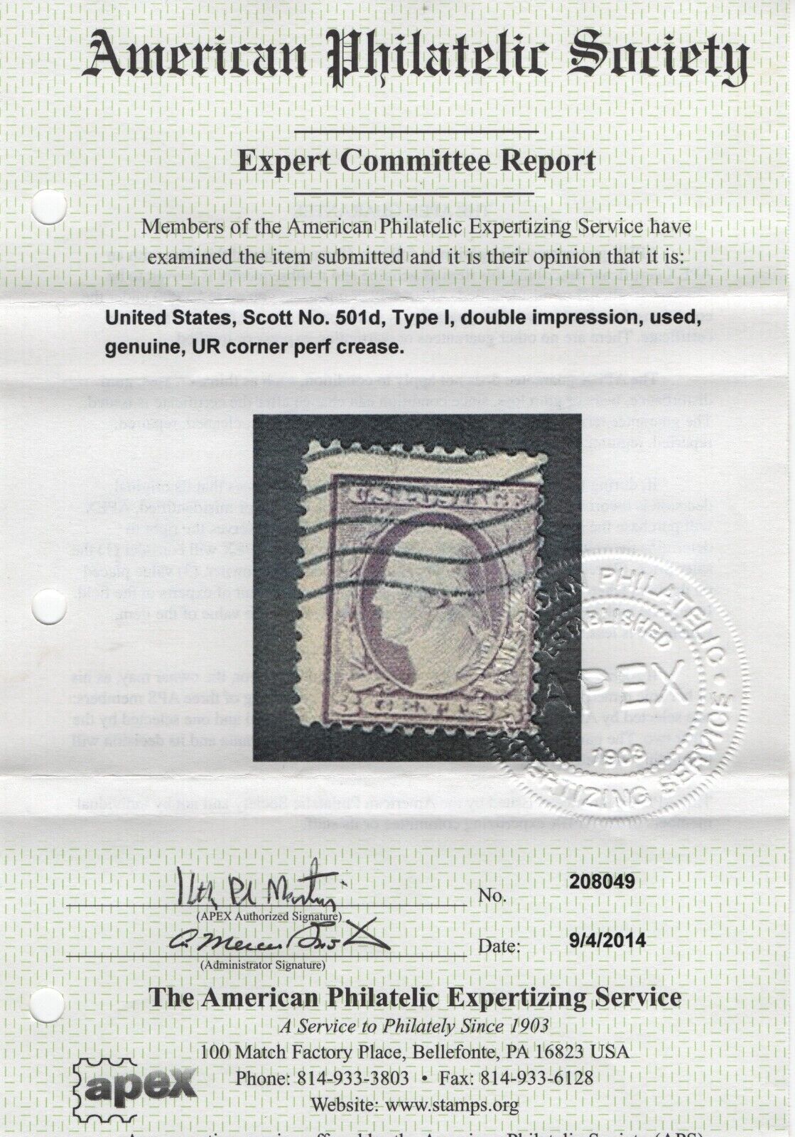 501d Rare double imprss. w/APS cert used with nice color cv $ 3500 ...