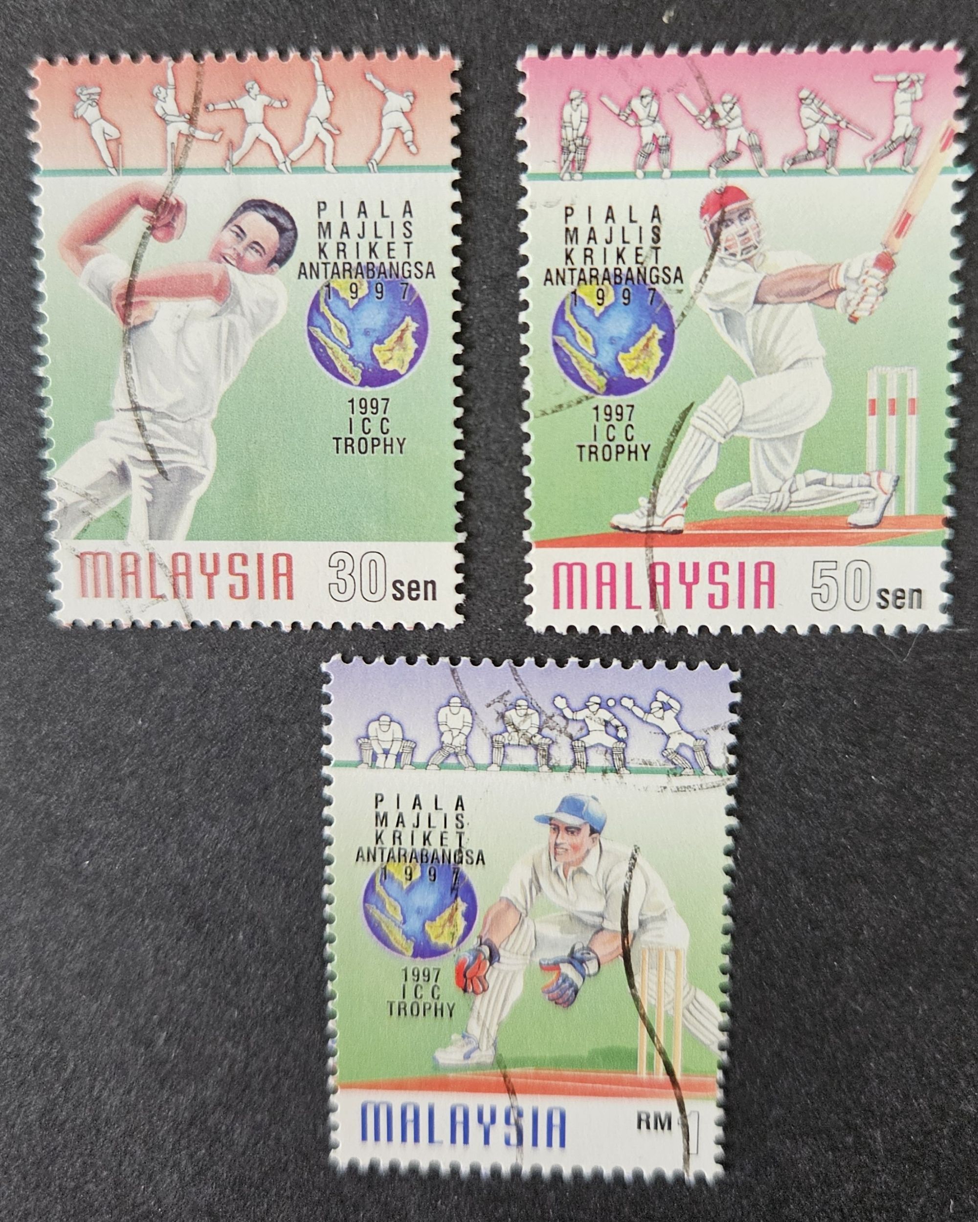 Malaysia 1997 SG638-640 used set ICC cricket competion held in Malaysia ...