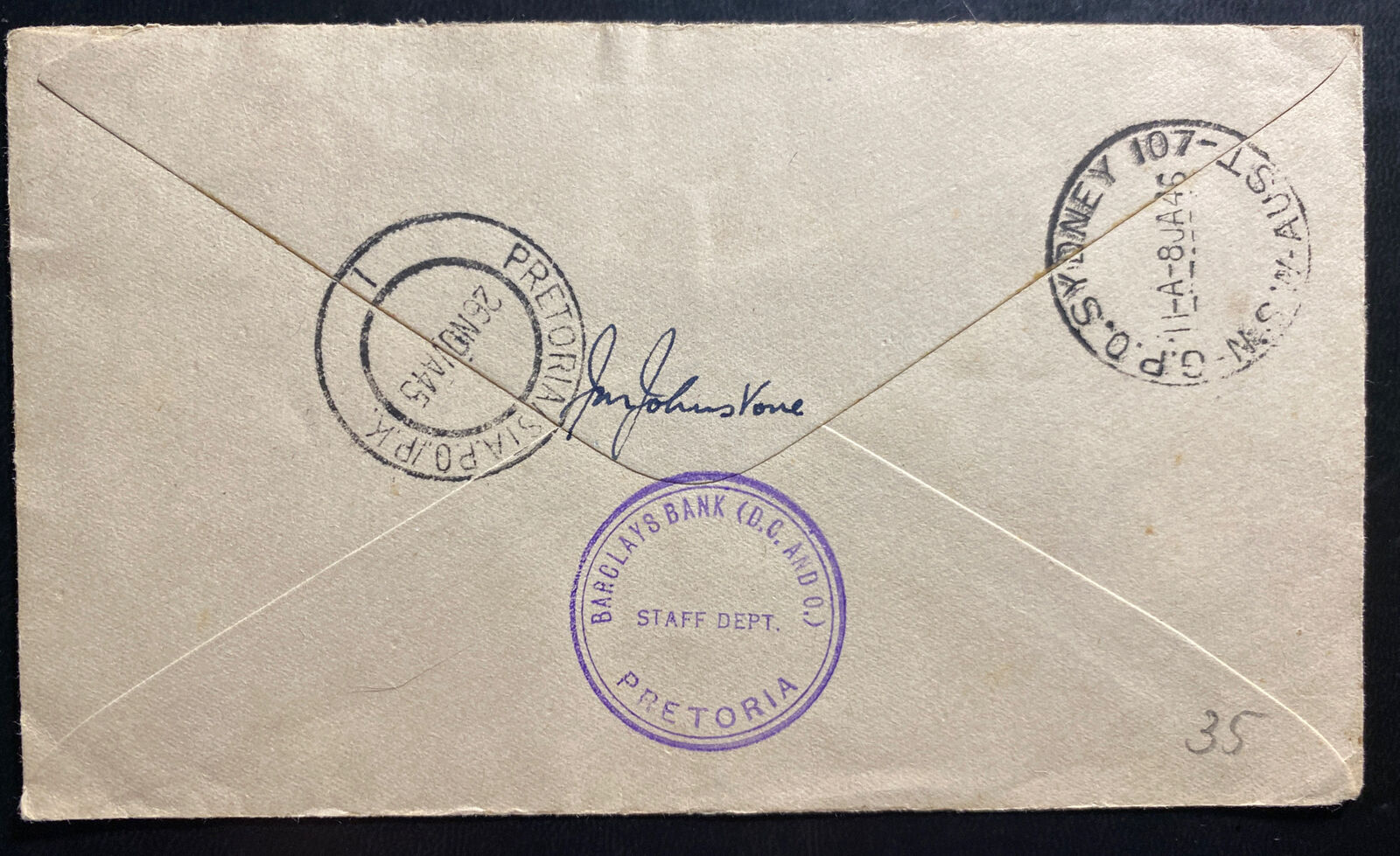 1945 Pretoria South Africa Barclays Bank Registered Cover To Sydney ...