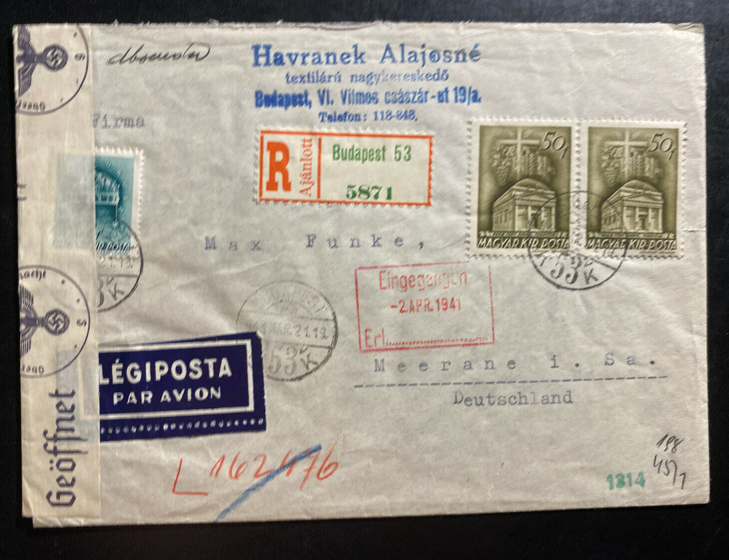 1941 Budapest Hungary Commercial Censored Cover To Meerane Germany ...