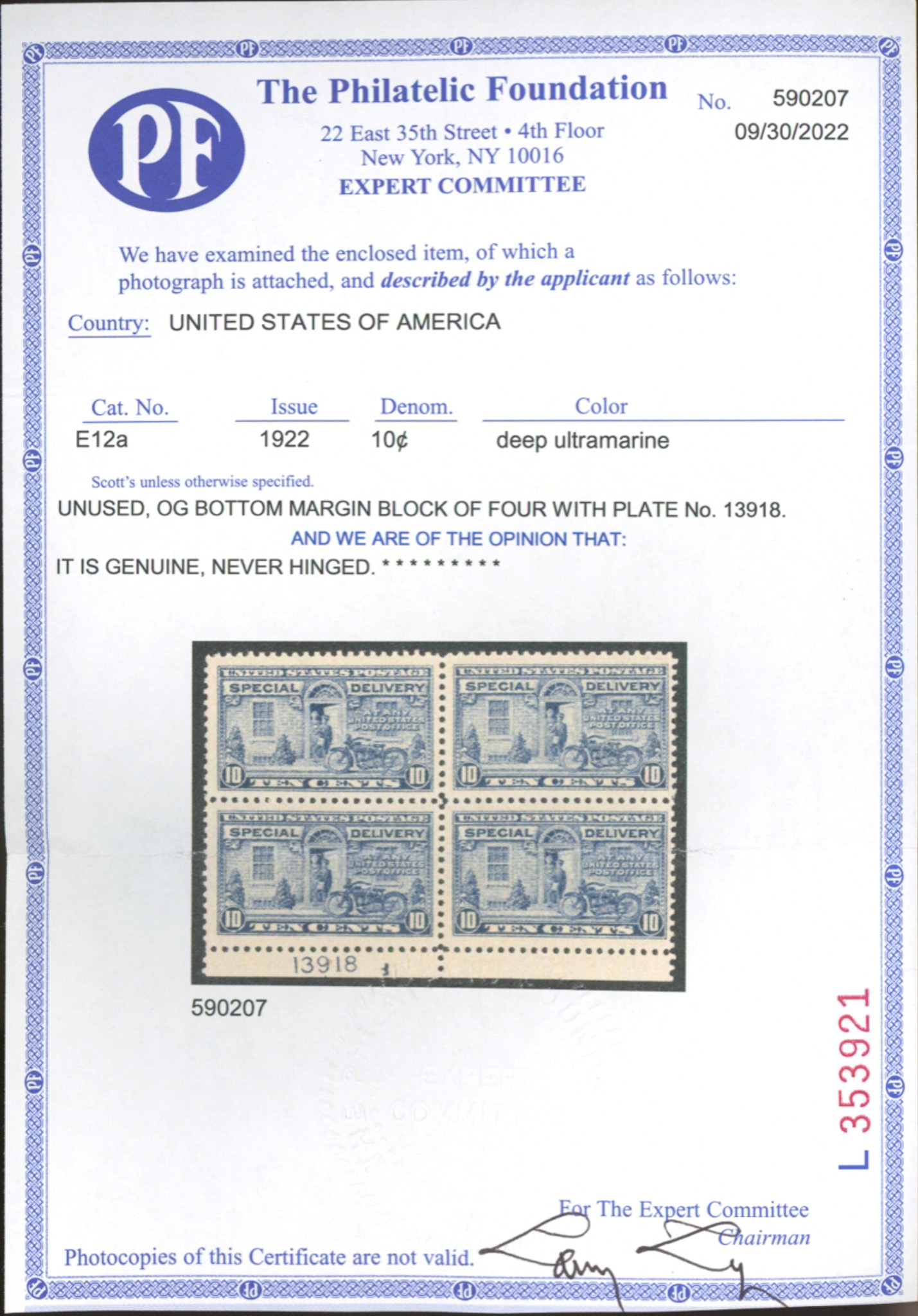 U.S. #E12A Mint PL# Block of 4 With PF Cert OG NH | United States ...