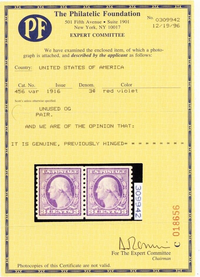 456, Mint VF VLH 3¢ Coil Pair With PFC Certificate * Stuart Katz ...