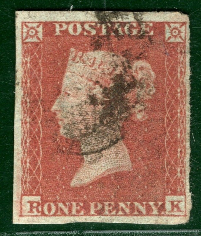 GB QV 1841 Penny Red Stamp SG.8a 1d (RK) *VERY BLUE PAPER* Used Cat £35 ...
