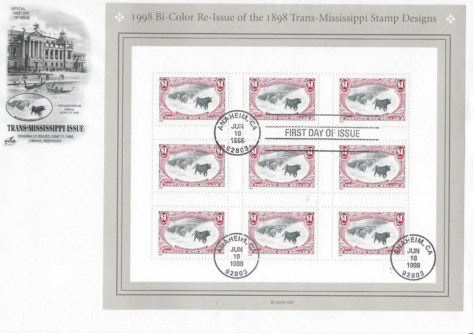 1998 FDC Set of 2 U.S. Bi-Color Reissue of 1898 Trans-Mississippi Souv ...