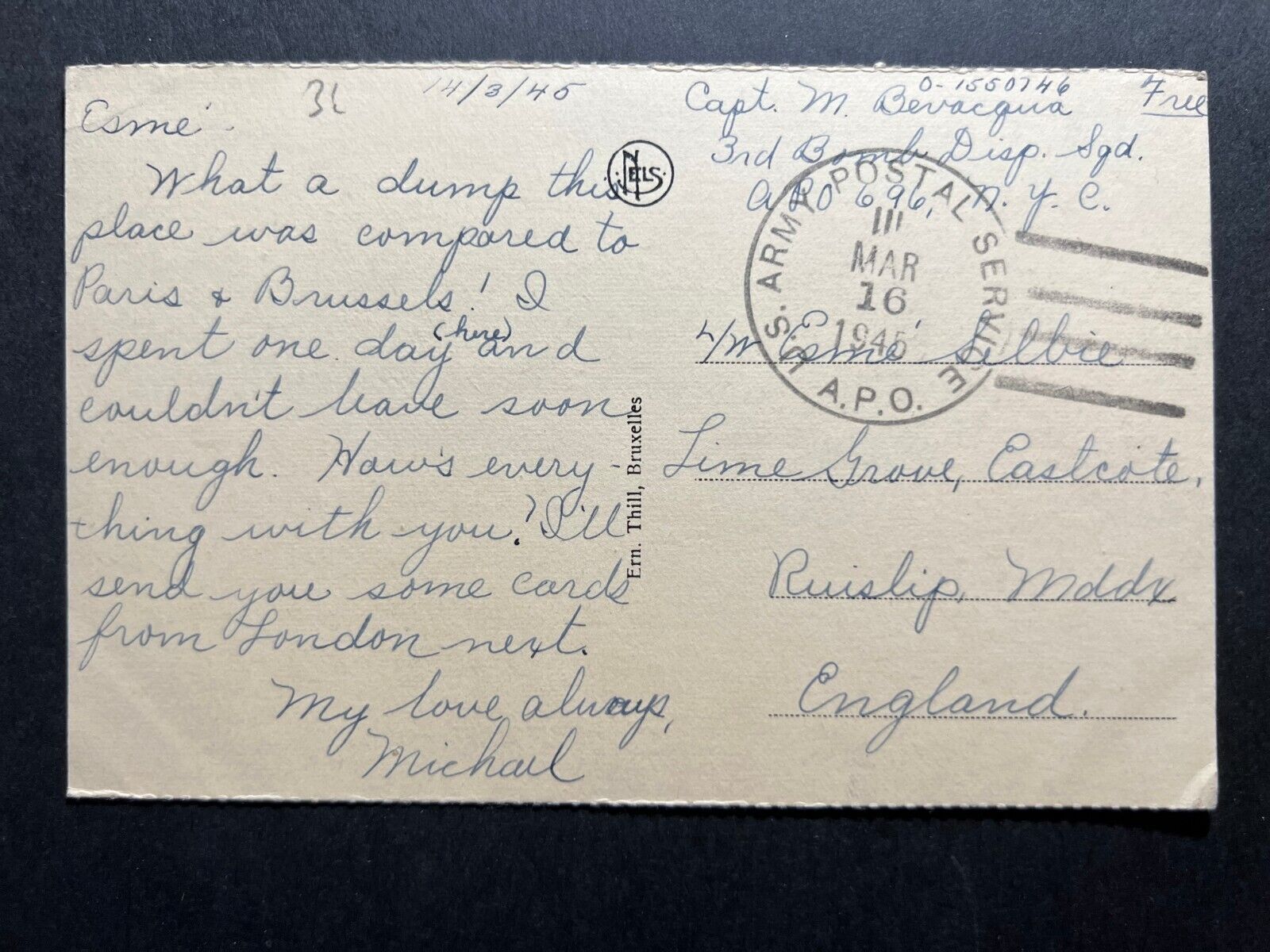 1945 WWII Soldier Postcard to Ruislip England Justice Palace Saint ...