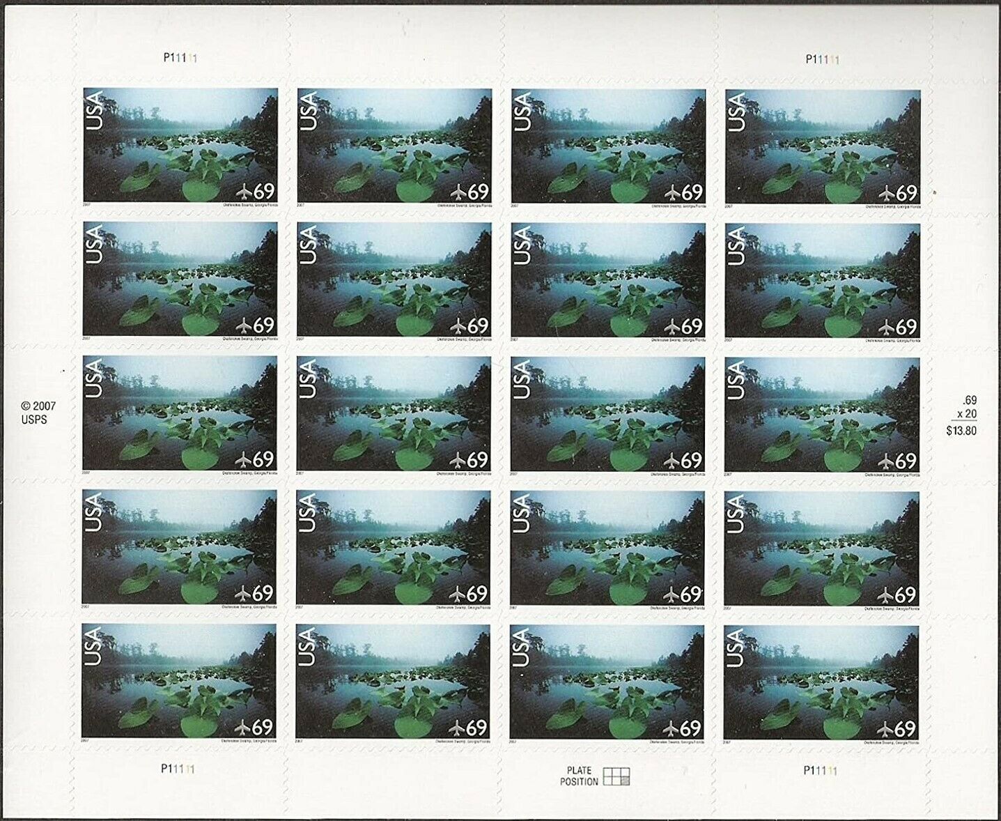 Okefenokee Swamp: Georgia / Florida Sheet of Twenty 69¢ Airmails Scott ...