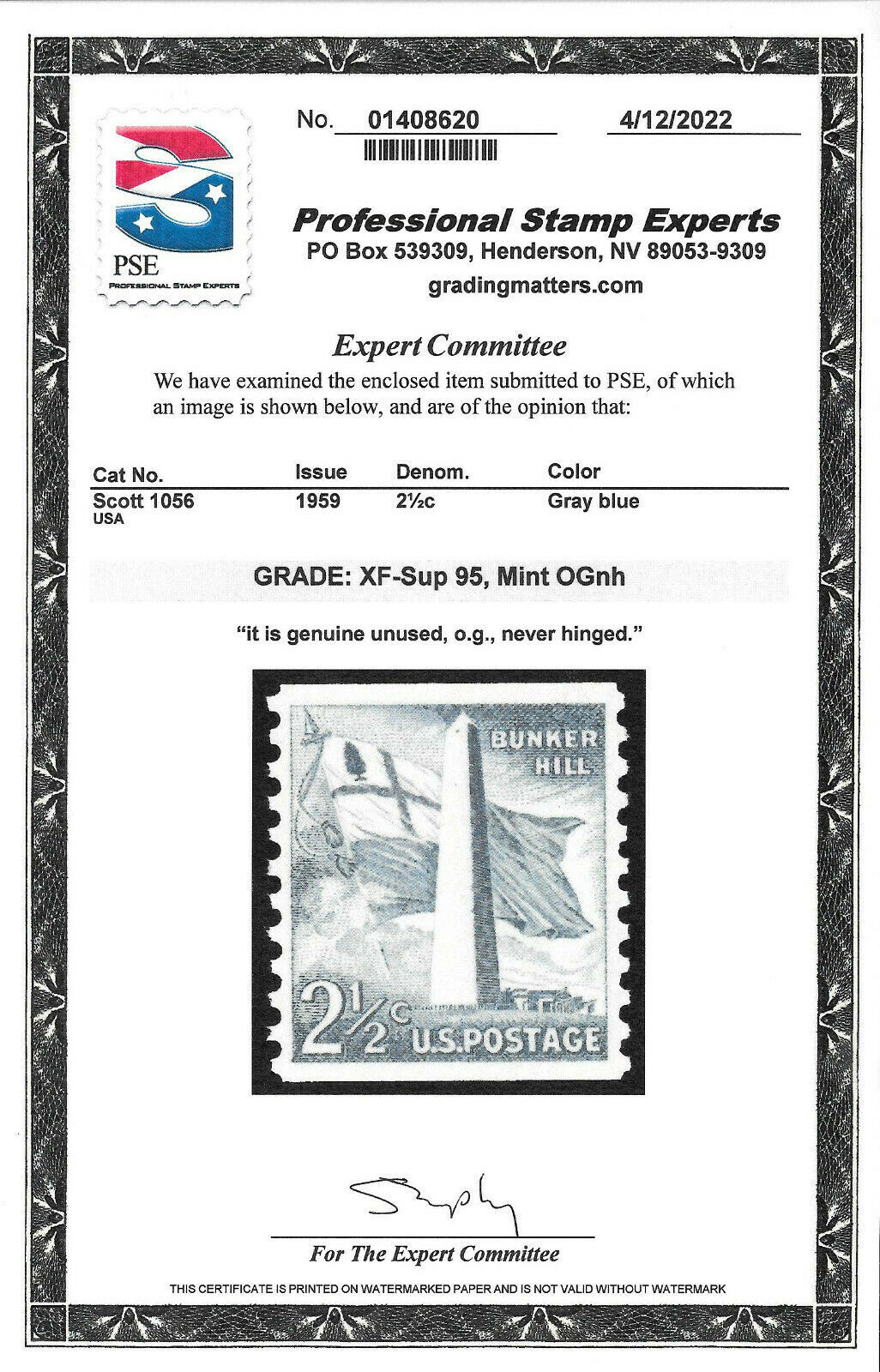 Scott #1056 Single 2022 PSE Certificate--XF-Superb 95 MNH-2022 SMQ ...