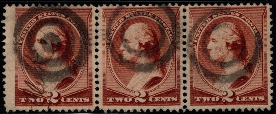 1883 US Scott #- 210 2 Cent George Washington Strip/3 Used Fancy Target ...