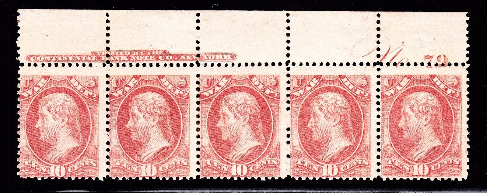 US O88 10c War Department Official Unused Plate Strip 5 Fine Dist OG ...