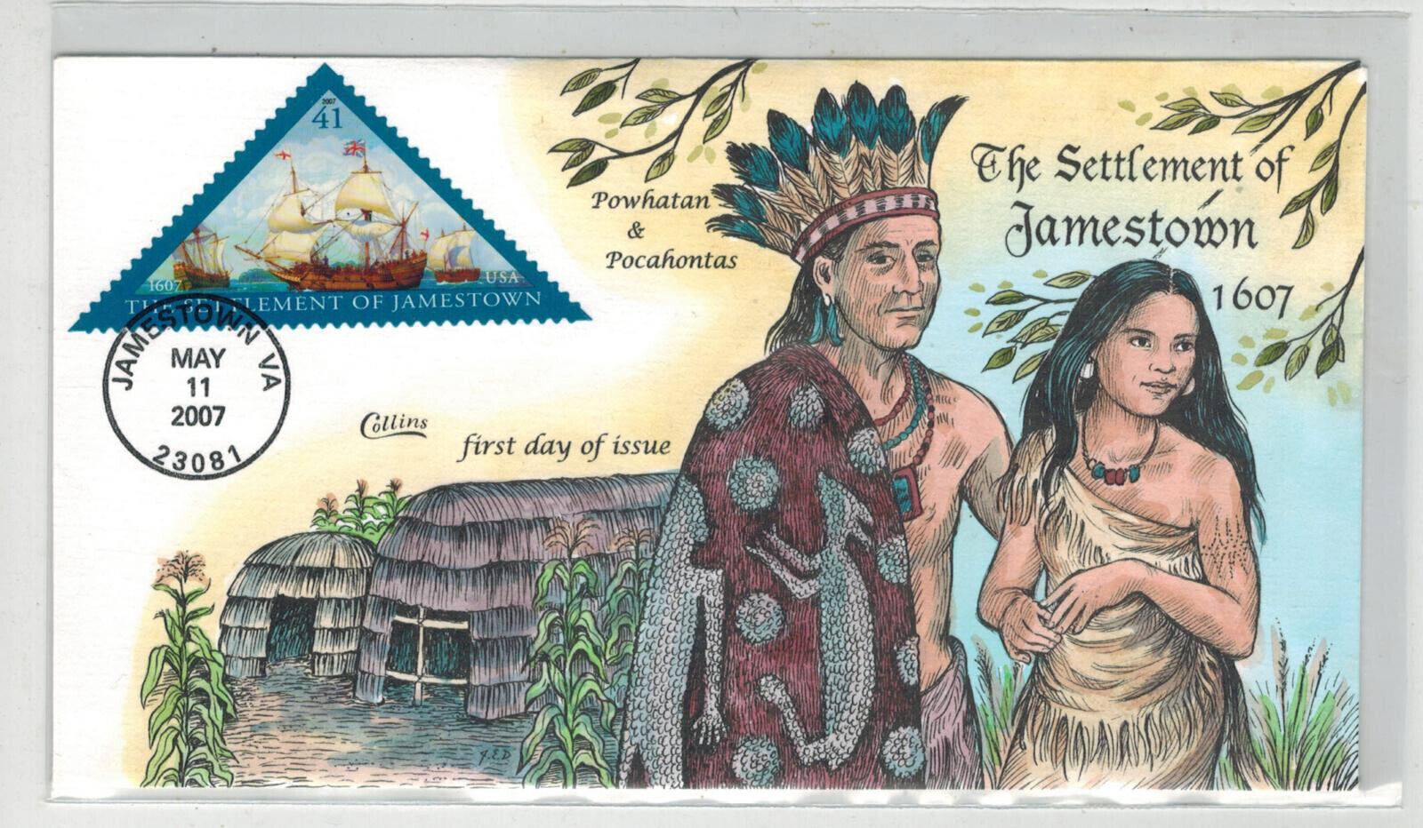 2007 Collins Handpainted Jamestown Settlement Triangle Stamp Pocahontas ...