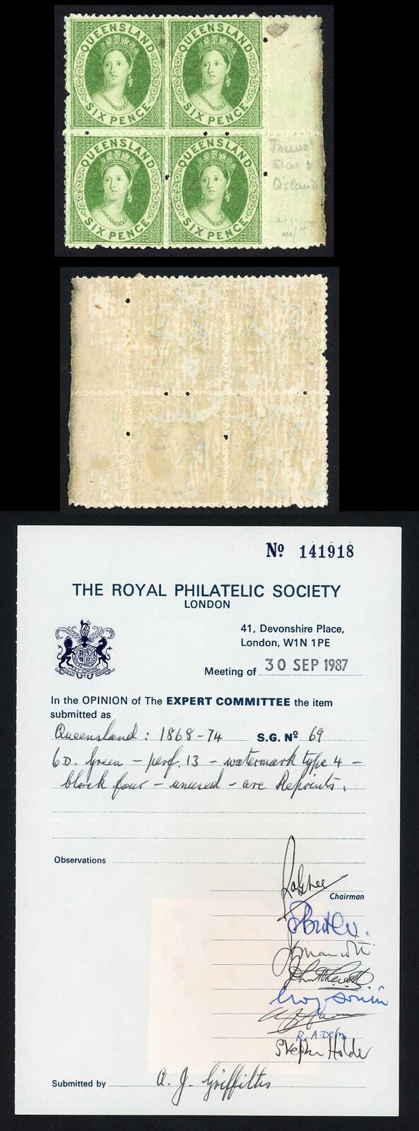 Queensland 1895 6d Green Perf 13 Reprint Fine Mint Marginal Block RPS ...