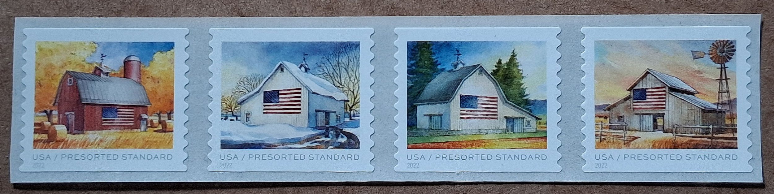 US #5687a (10c) Flags on Barns coil presorted std MNH strip of 4 BN ...