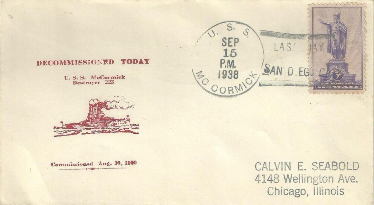 1938 USS McCORMICK DD-223 Destroyer First DECOMMISSIONING Naval Cover ...