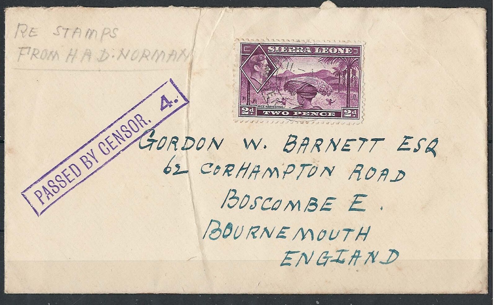 Sierra Leone 1939 WW2 Cover (crease) to Bournemouth franked KG6 2d ...