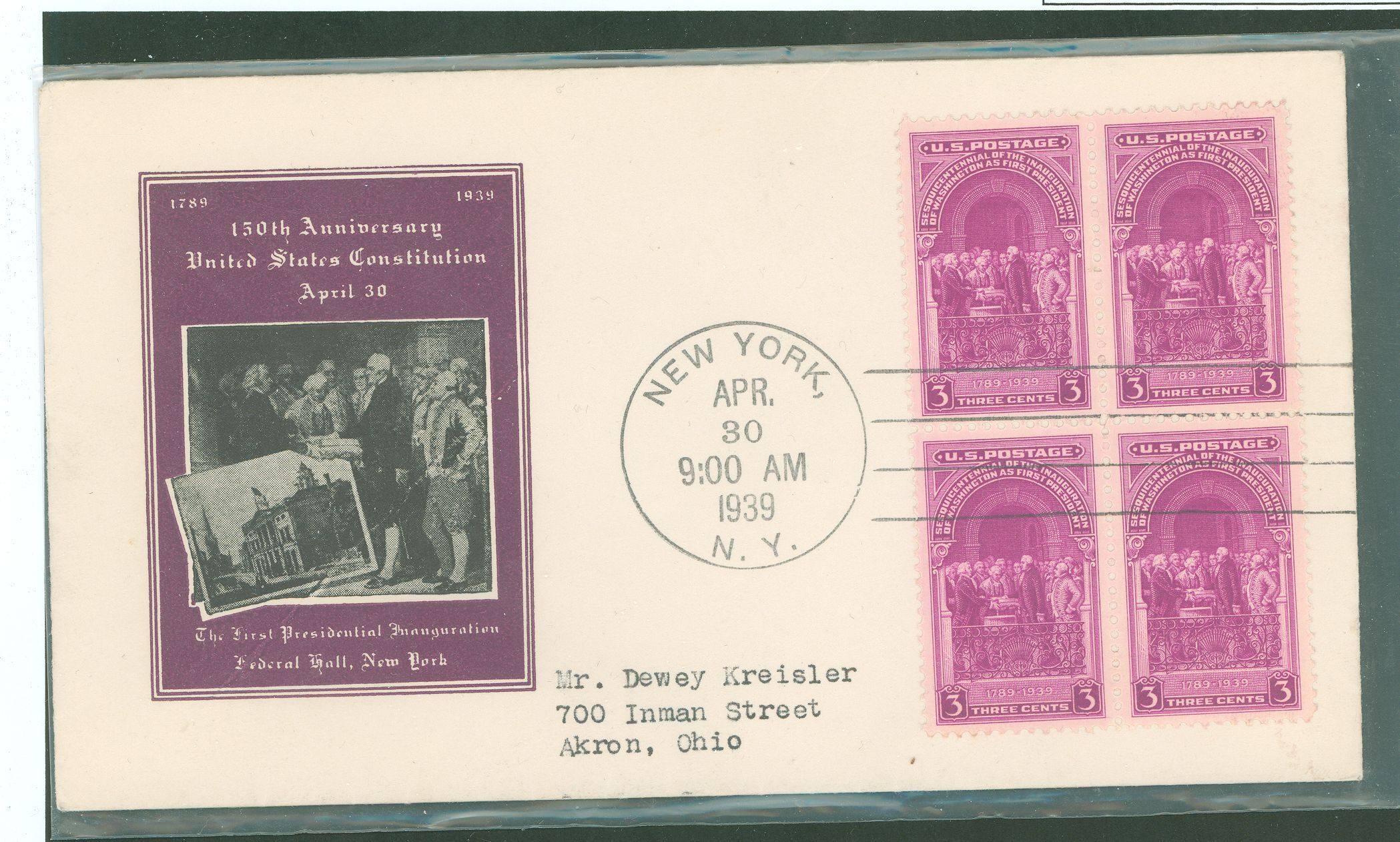 US 854 1939 3c Washington's Inauguration Sesquicentennial (block of ...