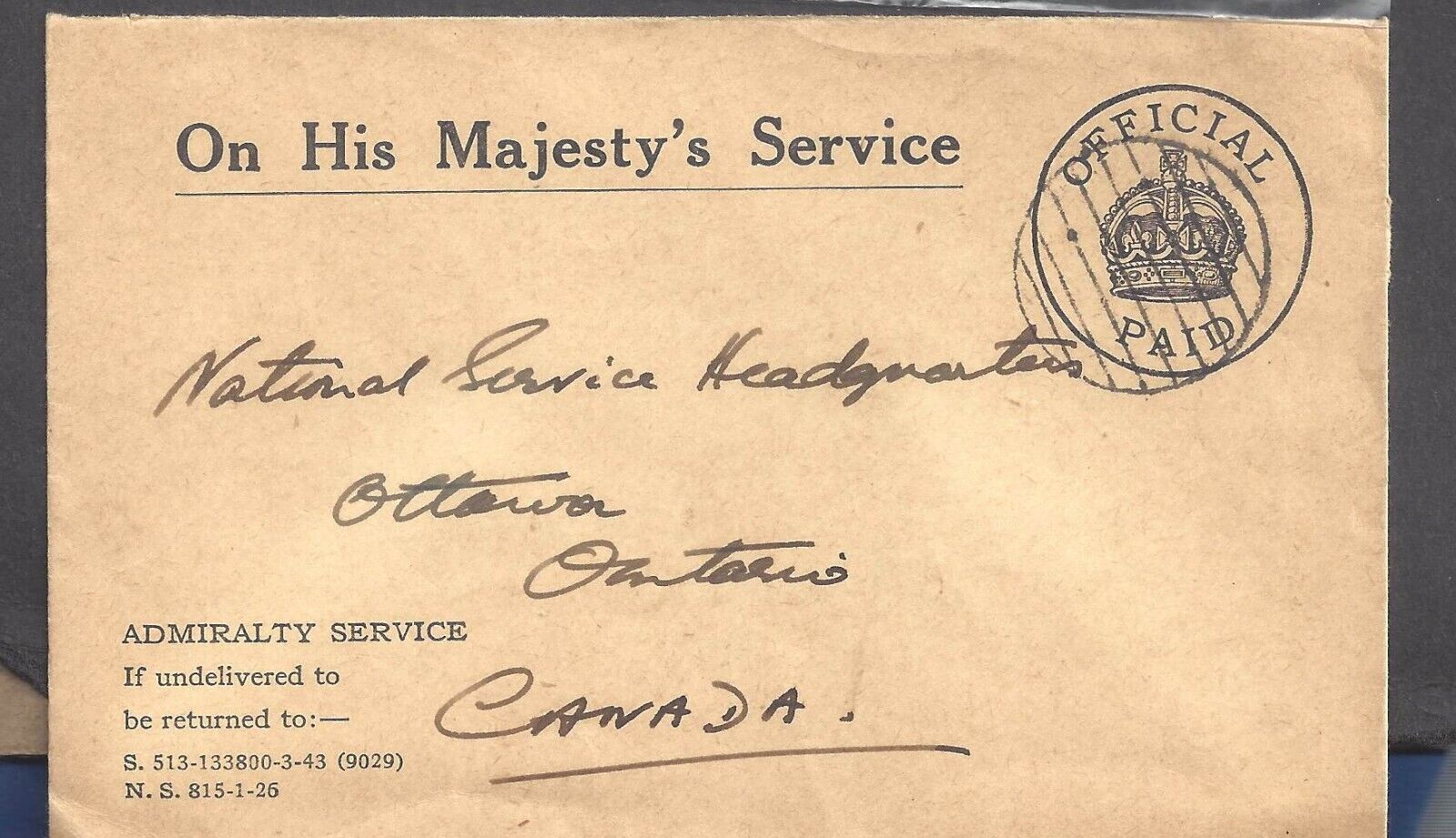 Canada Ohms Cover Official Crown Pre-Cancellation Bs27407 | Canada ...