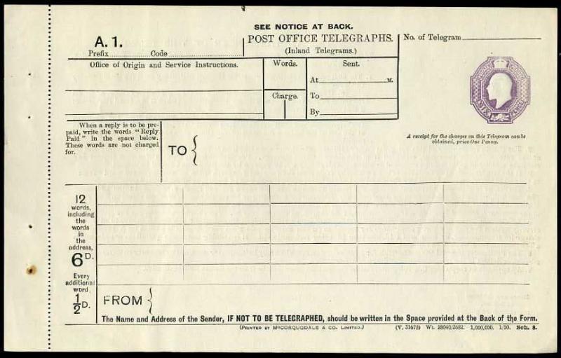 TP18c 1902 KEVII Telegraph Telegram Form 6d Purple McCorquodale & Co ...