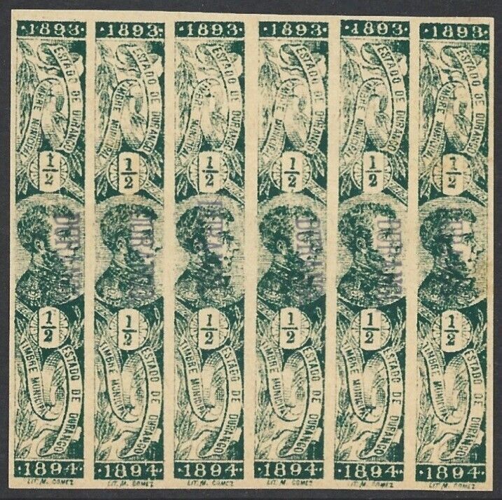Mexico Local Revenue 1893-94 Durango State 1/2c Emerald 6-Block/Strip F ...